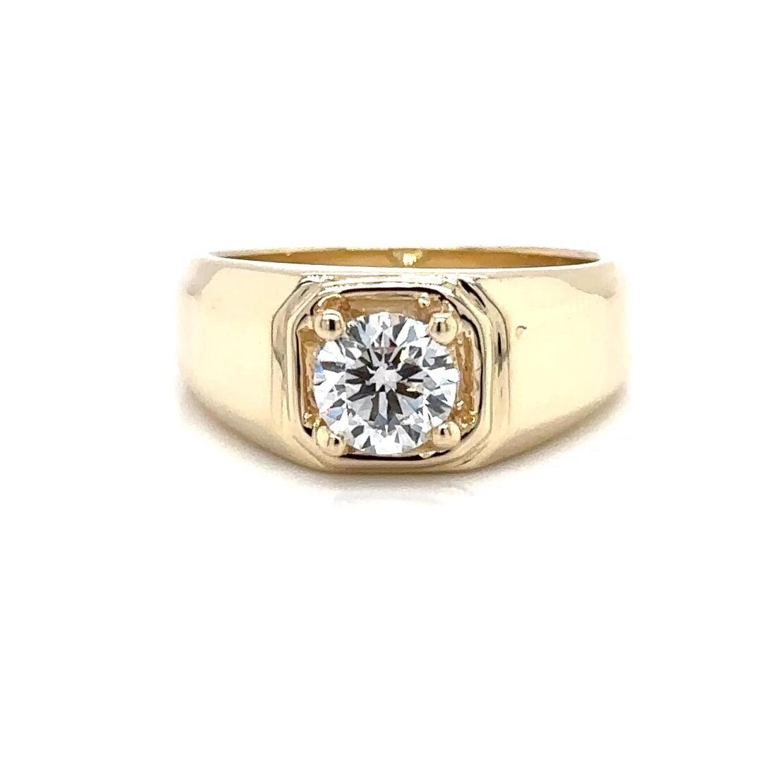 14K Gold Men's Ring With Round-cut Lab Grown Diamond in Square Setting ...