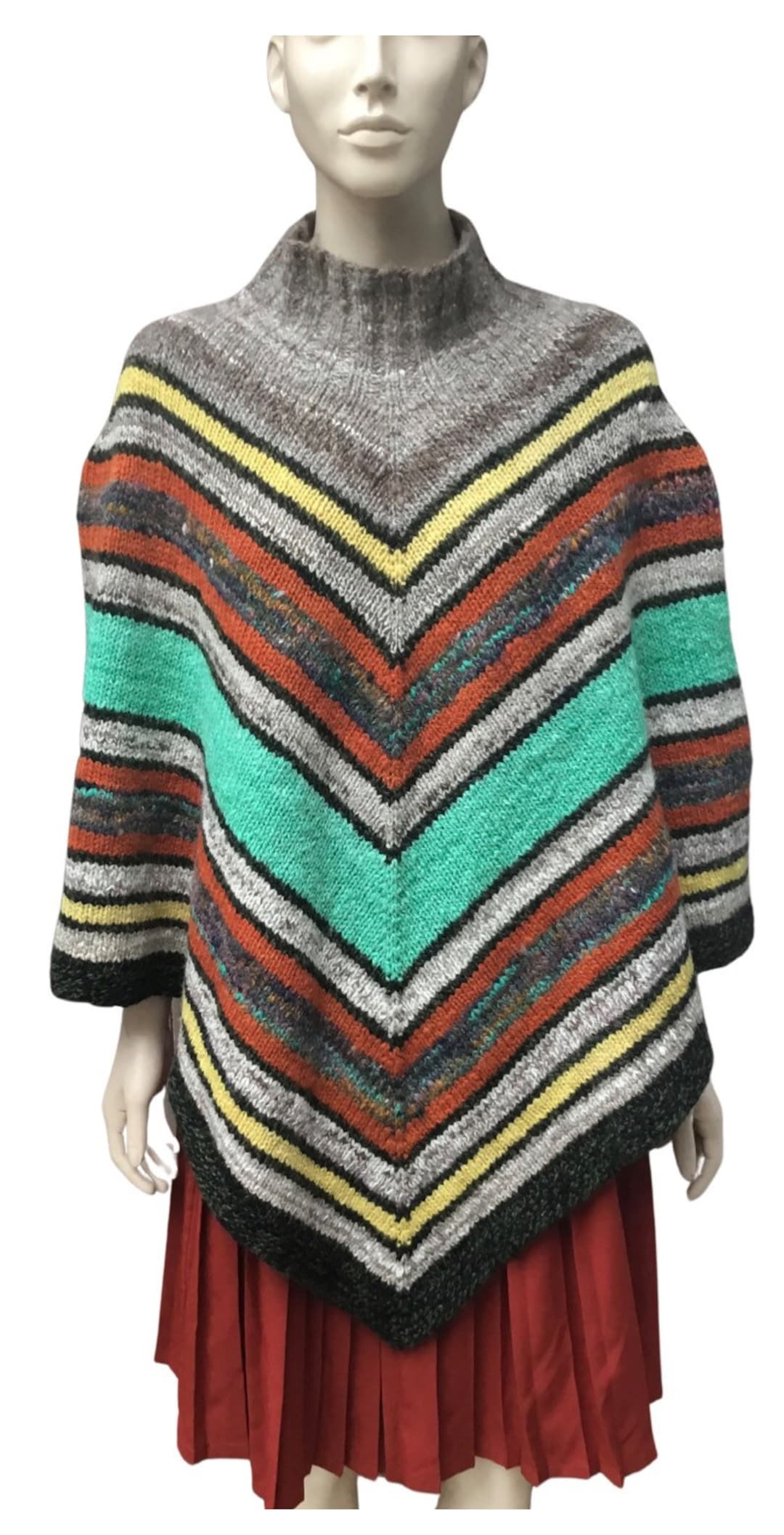 Poncho, Hand Knitted Wool Poncho, Multi Coloured Poncho, High Neck ...