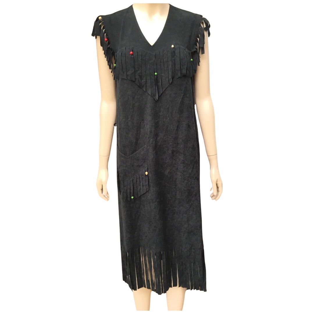 1970s Dress, Festival Dress, Fringed Dress, Boho Dress, Black Dress ...