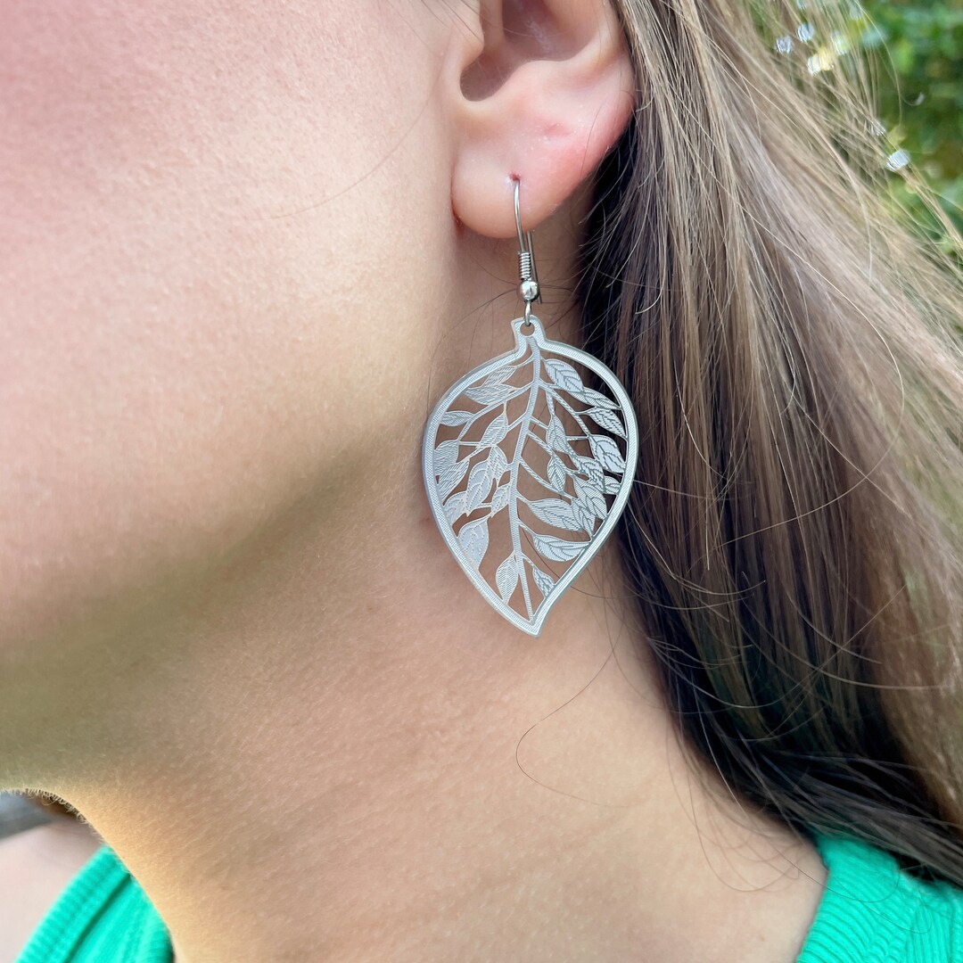 Laser Cut Leaf Shaped Earrings, Nature Inspired Earrings, Stainless Steel Dangling Leaf Earrings ...