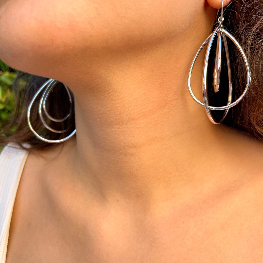 Moving Teardrop Hoops, Silver Pear Shape Hoop Earrings, Concentric ...