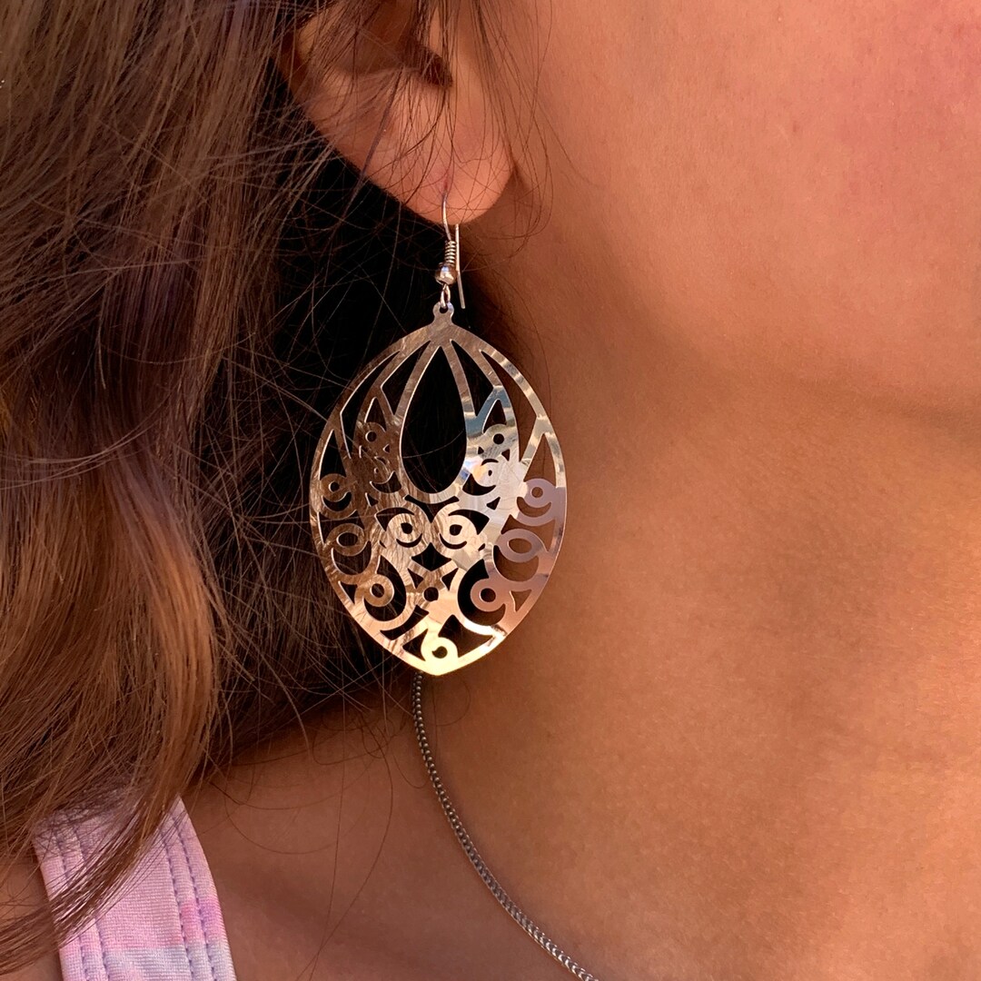 Stainless Steel Laser Cut Pointed Teardrop Earrings, Dangle Swirl ...