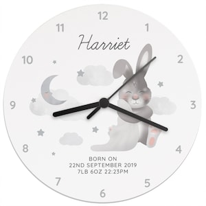 Personalised Children's Clock. Baby Bunny White Wooden Clock. New Baby ...