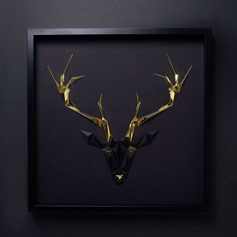 GOLDEN ANTLERS - Black / Gold, Paper Artwork, Dear Artwork, Black ...