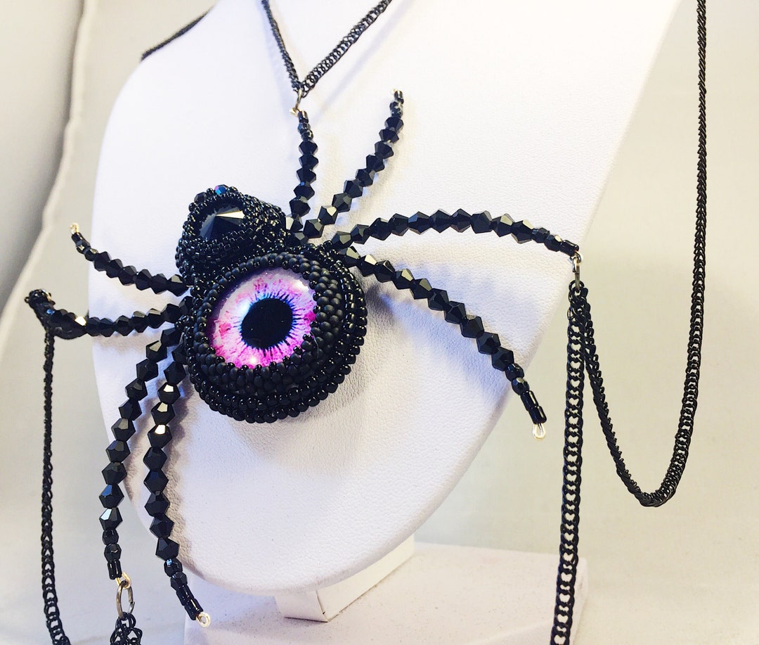 Black Widow Handmade Black Beaded Goth Necklace With a Big Black Spider ...