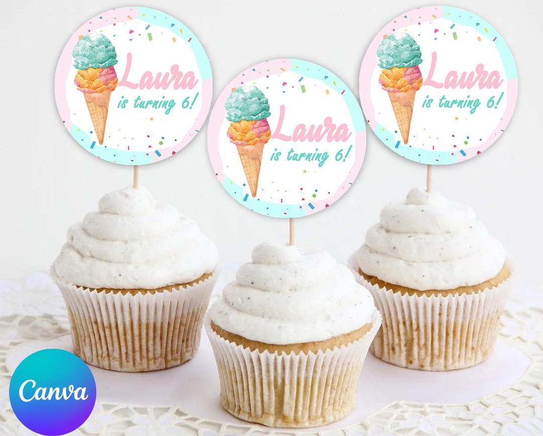 Editable Ice Cream Birthday Cupcake Topper. Digital P004 - Etsy