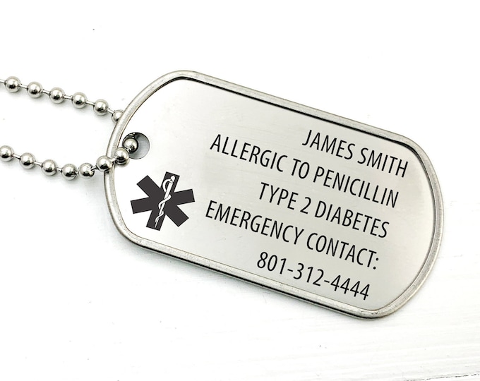 Medical Alert Stainless Steel Custom Engraved Medic ID Military Dog Tag ...