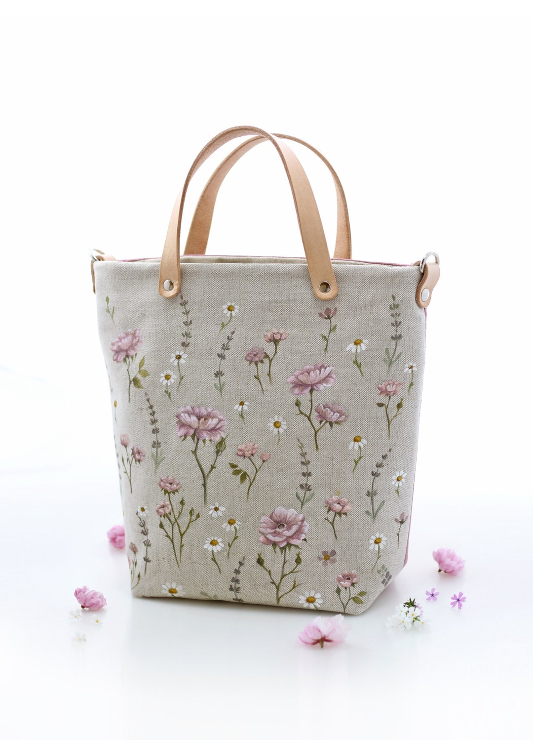 Hand Painted Floral Linen and Leather Women's Handmade Handbag Luxury ...