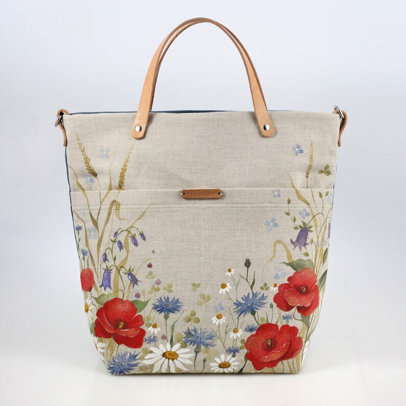 Luxury Hand-painted Floral Linen Handbag - Large Womens Tote 'on the ...
