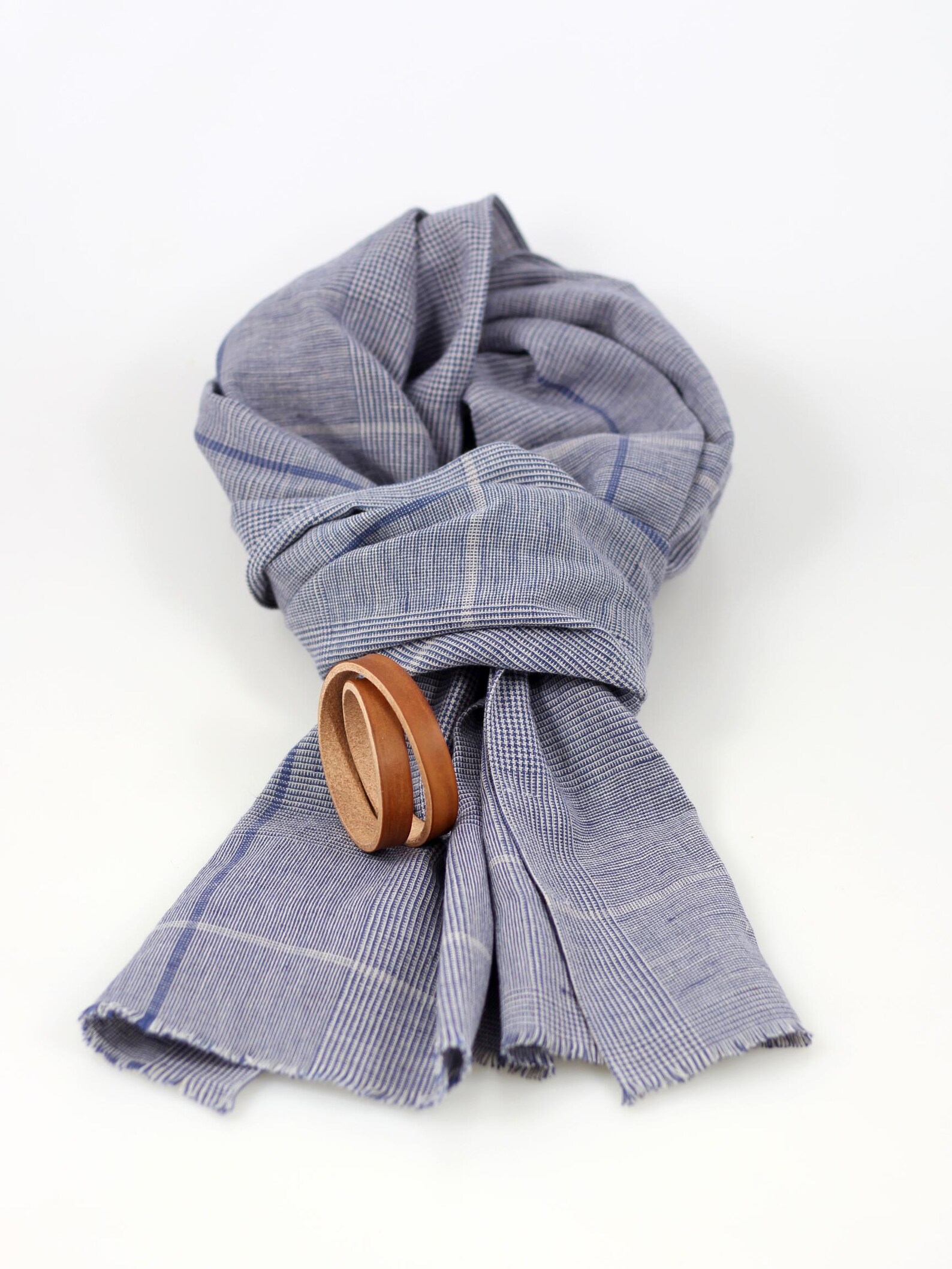 Men's Blue Checkered Linen Scarf With Leather Strap - Etsy