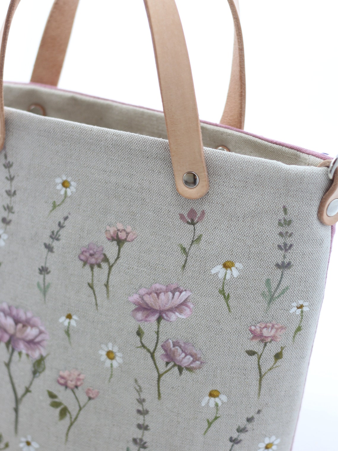 Hand Painted Floral Linen and Leather Women's Handmade Handbag Luxury ...
