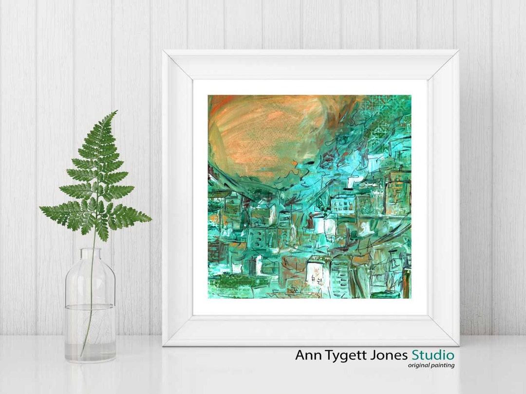 Abstract Sun, Original Art, City Art, Abstract Sun Rising Over City ...