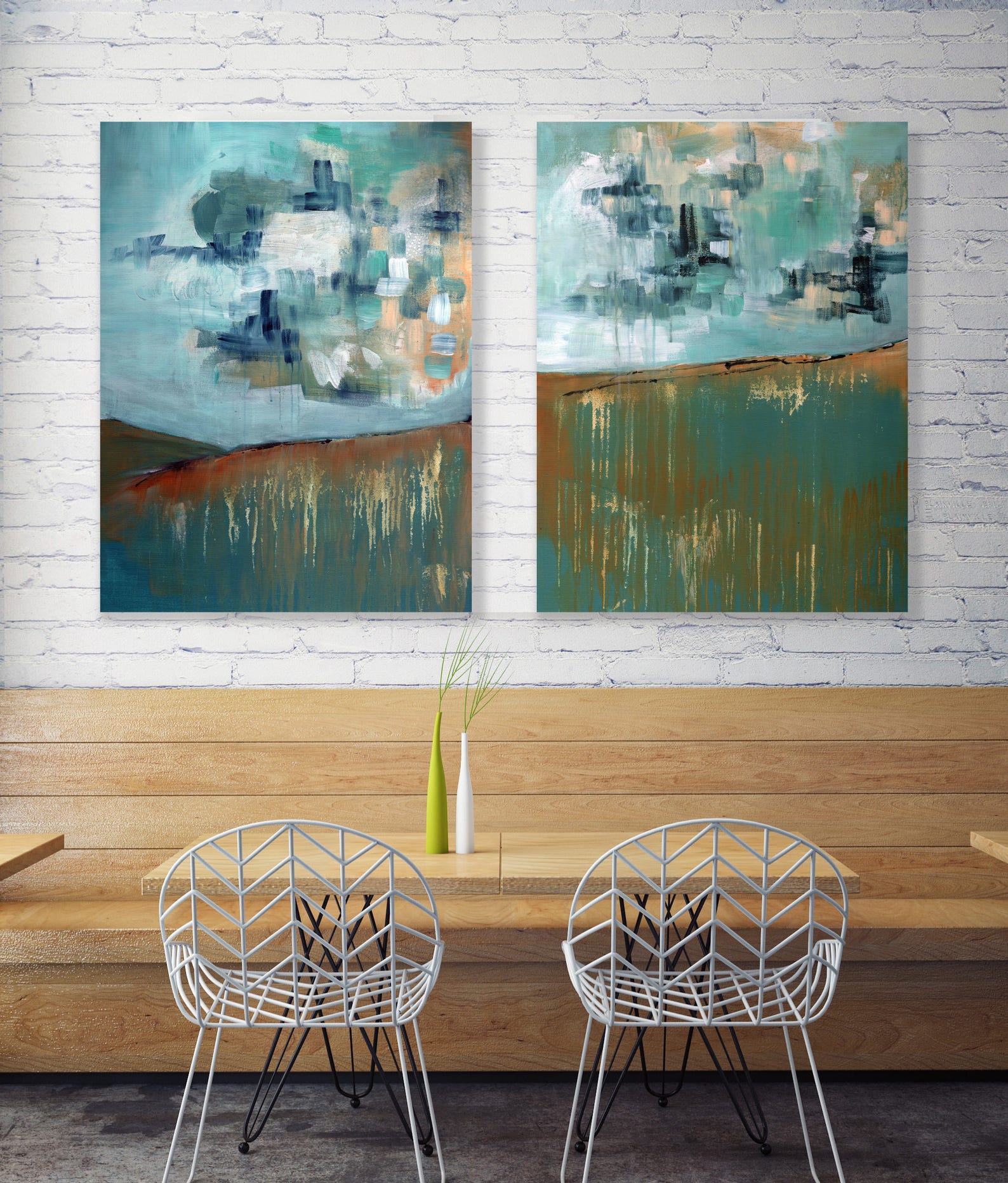 Abstract Landscape Paintings, Abstract Diptych, Dining Room Art ...