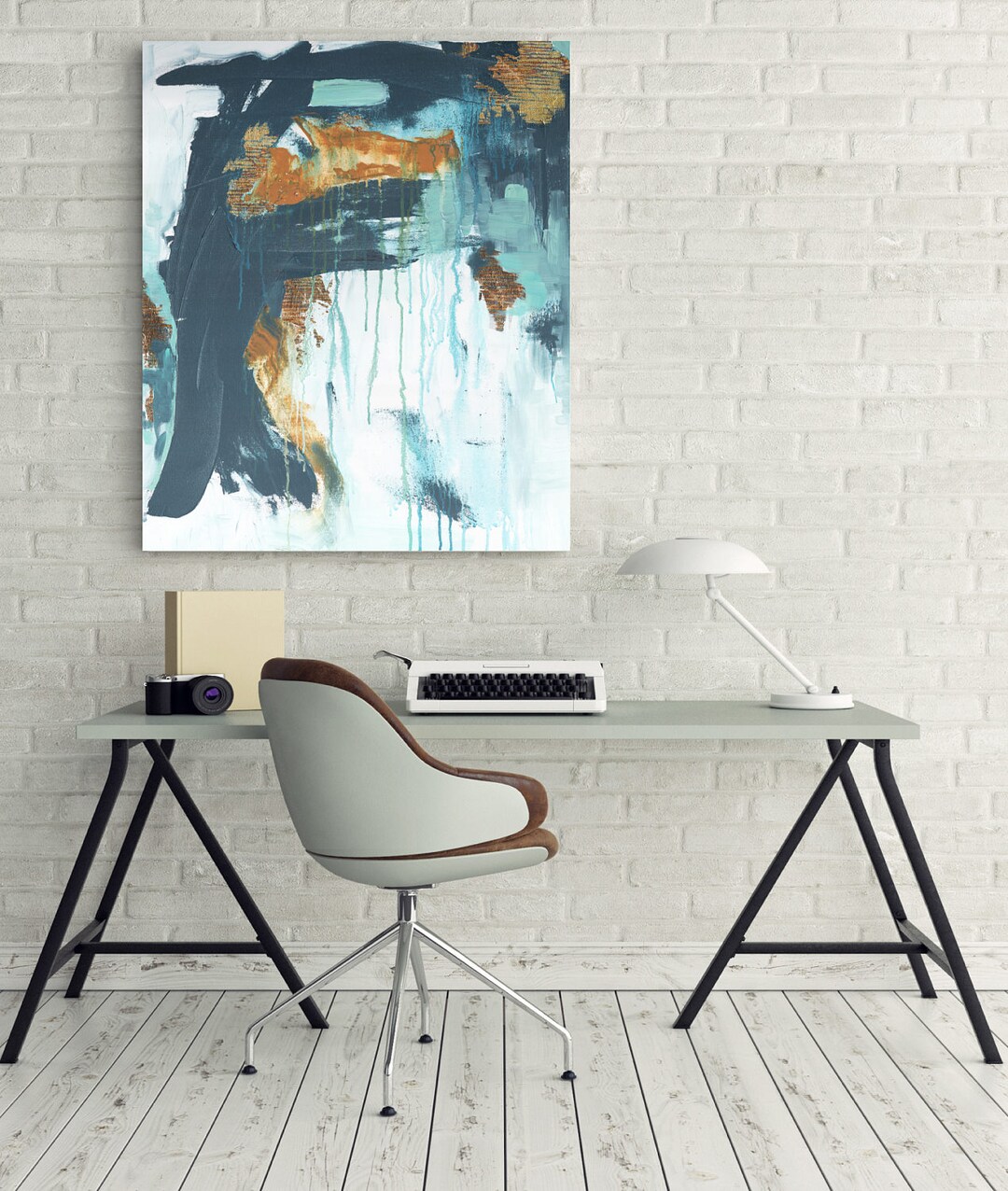 Office Art, Commercial Art, Gilded Gold Abstract Painting, Mid Century ...