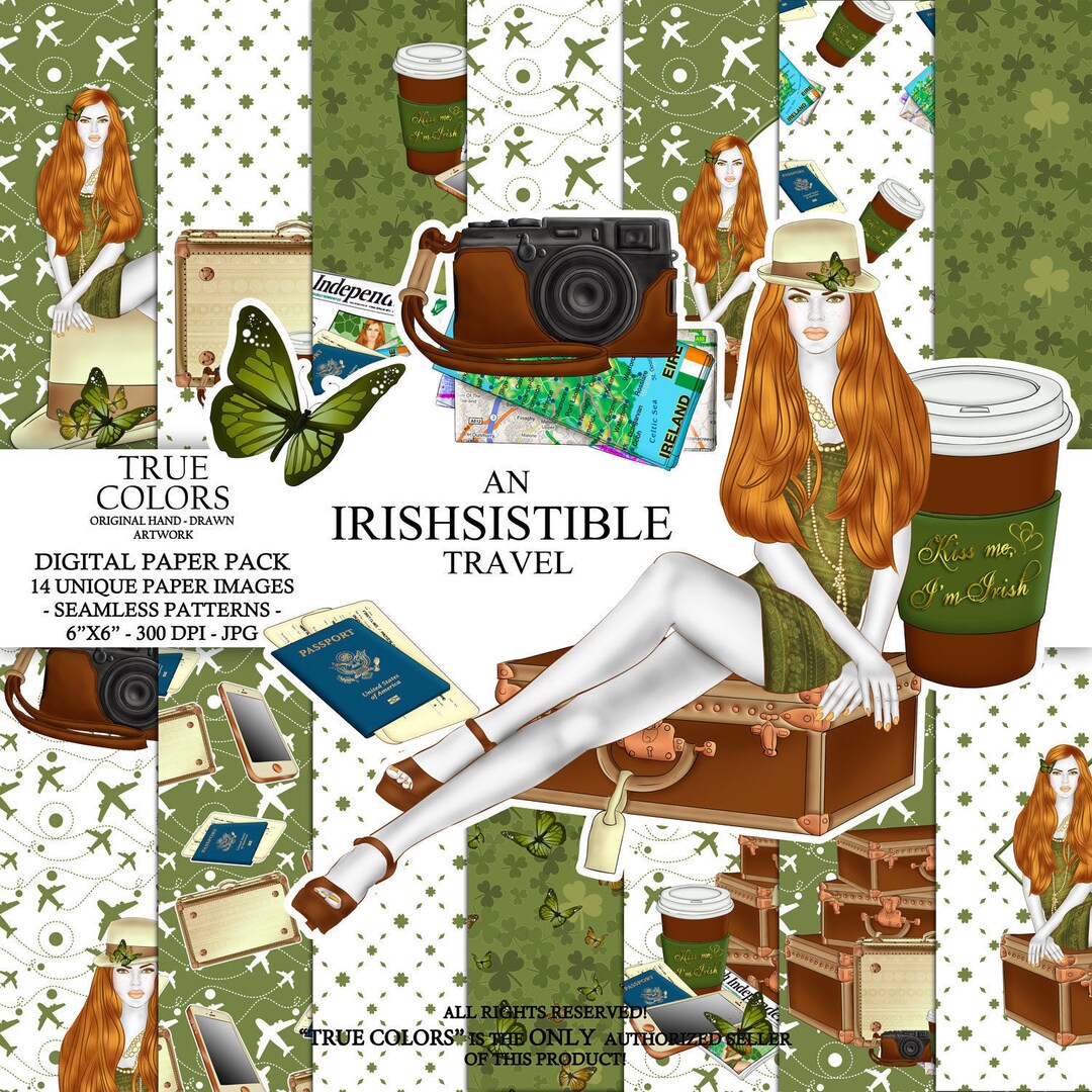St. Patricks Day Digital Paper Pack Travel Girl Fashion Illustration ...