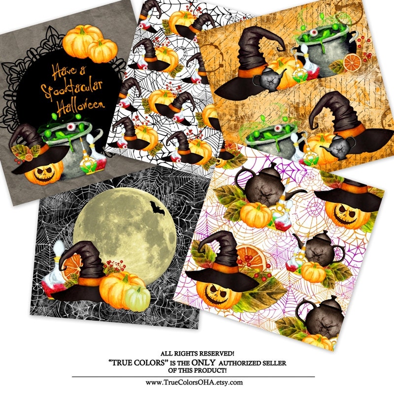 Halloween Digital Paper Pack Watercolor Hand-painted Black Green Yellow ...