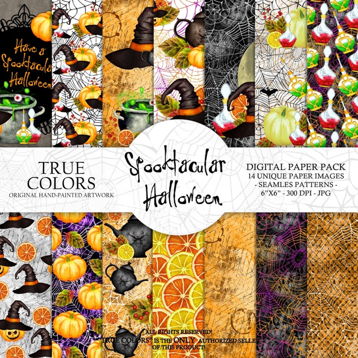Halloween Digital Paper Pack Watercolor Hand-painted Black Green Yellow ...