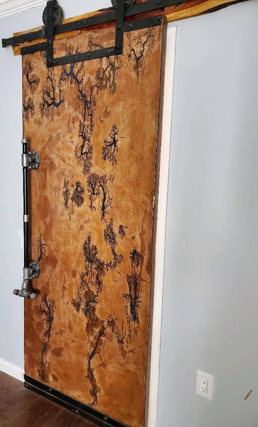 Fractal Burned Sliding Door With Industrial Style Handle - Etsy