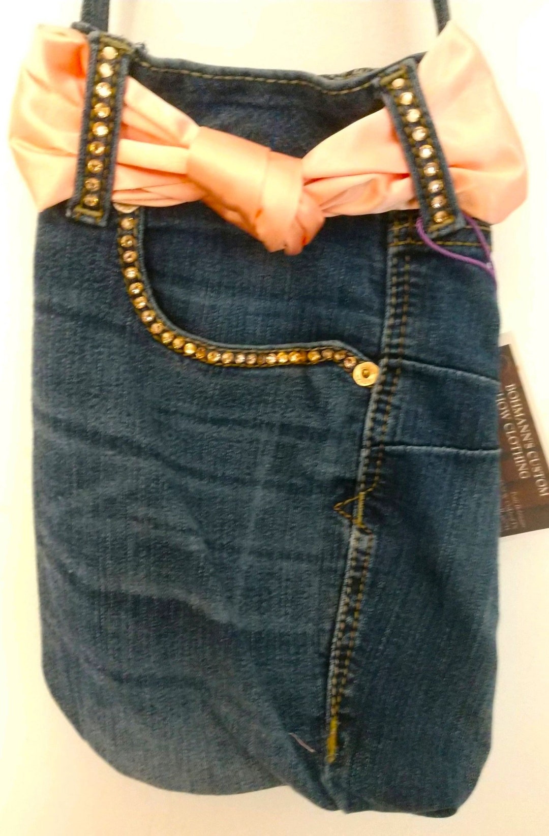 Crossbody Pocket Purse Peach Satin Band Peach Crystals Velcro Closure ...