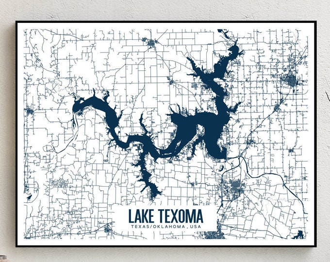 Lake Texoma Texas Printable Map, Lake Texoma Wall Art, Lake Map Art ...