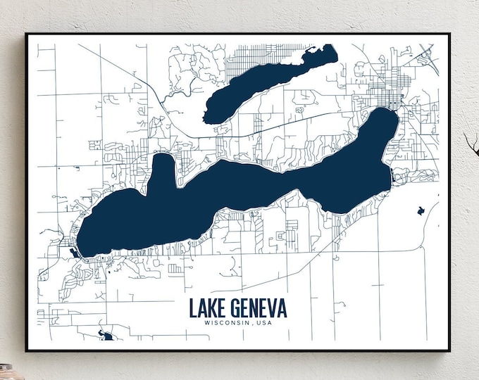 Lake Geneva Printable Map, Lake Geneva Wall Art, Wisconsin Map Art ...