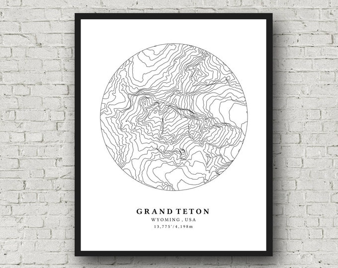 Grand Teton Topographic Map, Grand Teton Map, Grand Teton Print ...