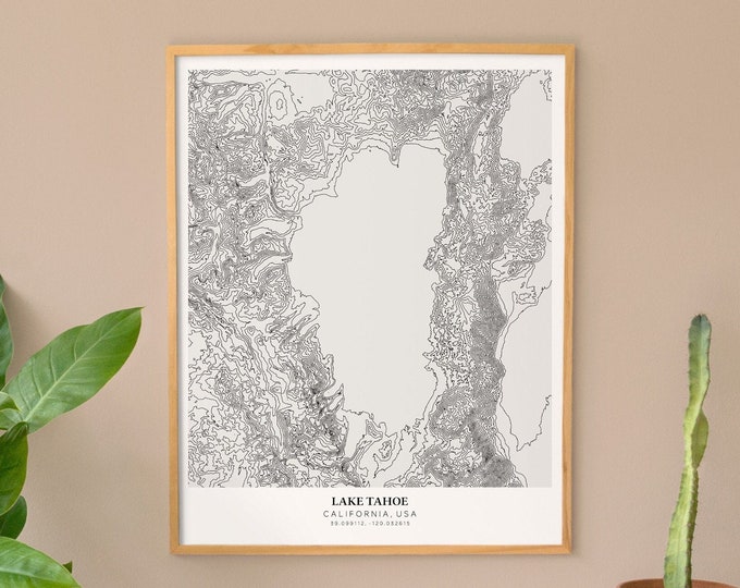 Lake Tahoe Printable Topographic Map, Lake Tahoe Map, Lake Tahoe Print ...