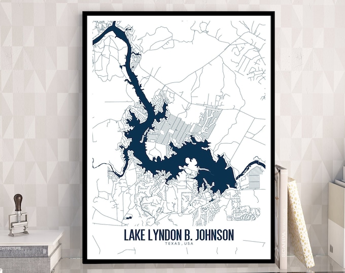 Lake Lyndon B. Johnson Texas Printable Map, Lake LBJ Wall Art, Lake LBJ ...