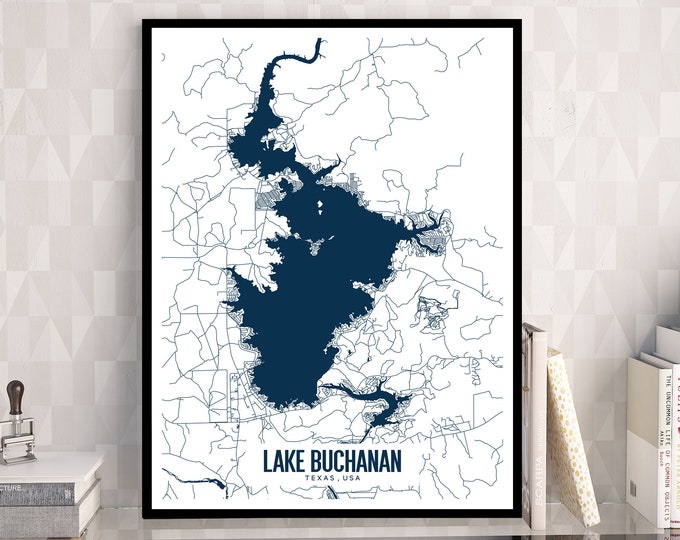 Lake Buchanan Texas Printable Map, Lake Buchanan Wall Art, Lake ...