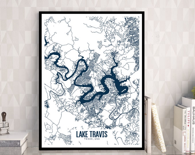 Lake Travis Texas Printable Map, Lake Travis Wall Art, Lake Travis Map ...