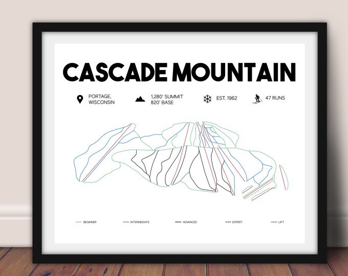 Cascade Mountain Printable Ski Map 16x20, Cascade Mountain Wisconsin ...