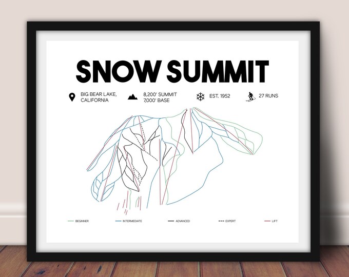 Snow Summit Ski Map Printable, Snow Summit Printable Ski Map 16x20, Big ...