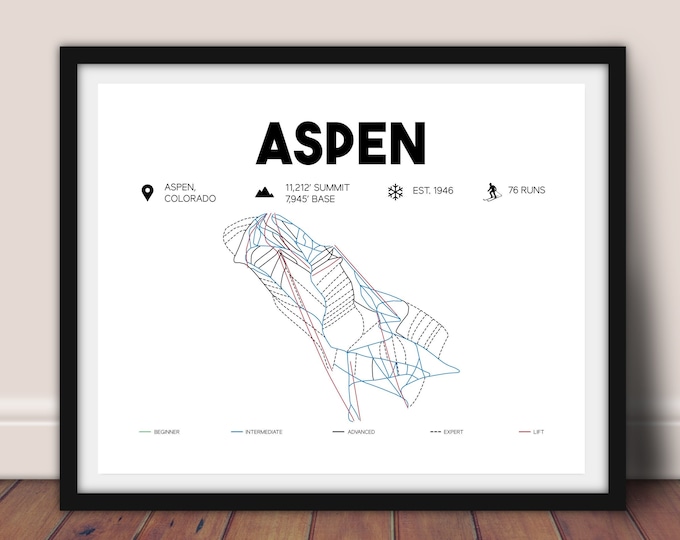Aspen Colorado Printable Ski Map 16"x"20", Aspen Colorado Wall Art ...