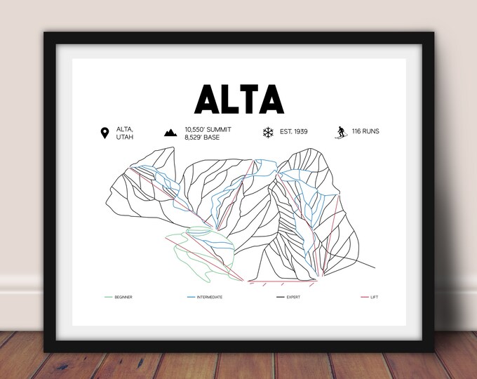 Alta Ski Area Trail Map 16x20 Alta Utah - Etsy