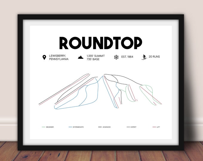 Roundtop Printable Ski Map 16x20, Roundtop Pennsylvania Ski Map Poster ...