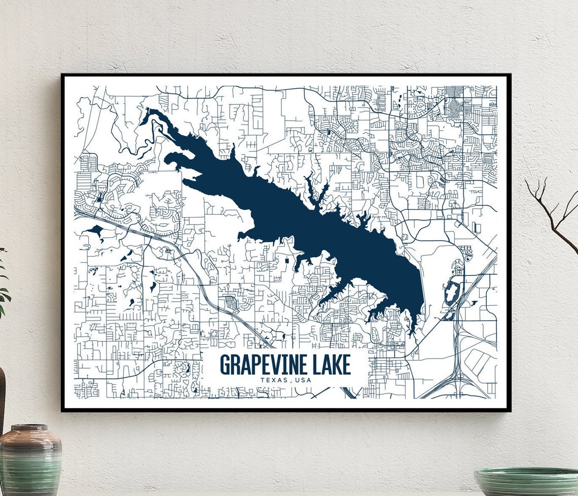 Grapevine Lake Texas Printable Map, Grapevine Lake Wall Art, Lake Map ...