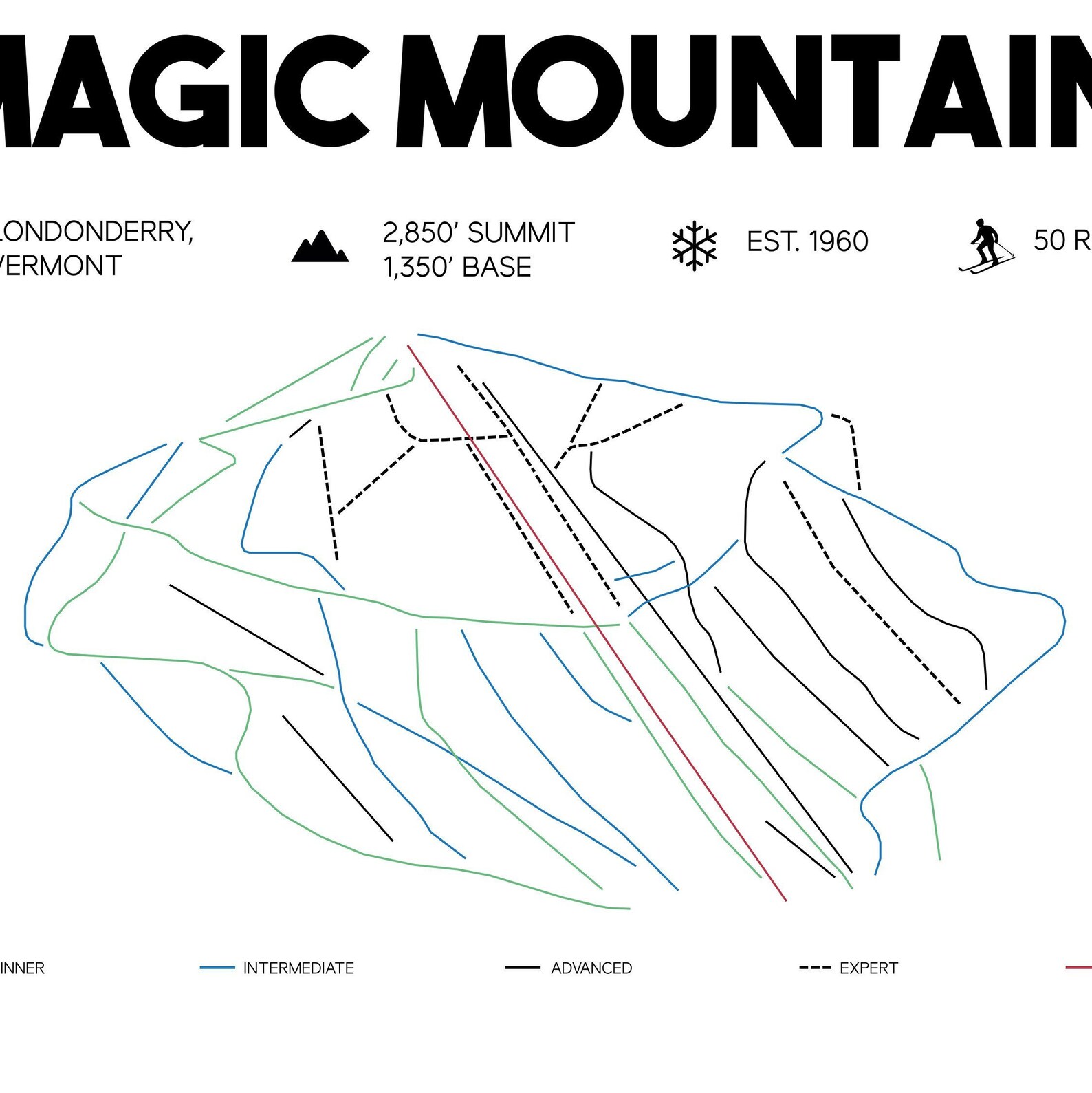 Magic Mountain Vermont Printable Ski Map 16"x"20", Londonderry, Vermont ...