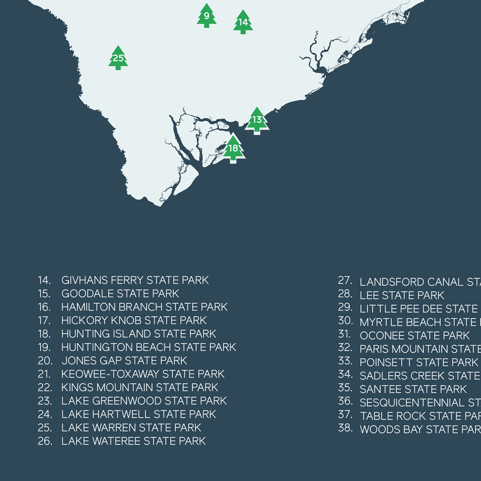 South Carolina State Parks Map printable 16x20 | Etsy