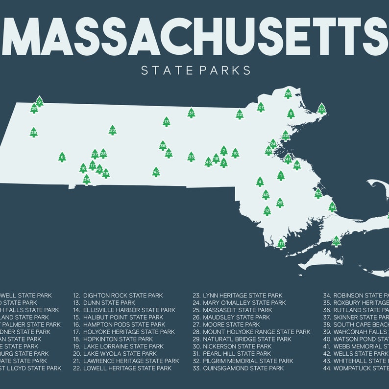 Massachusetts State Parks Map Printable 16x20 - Etsy Hong Kong