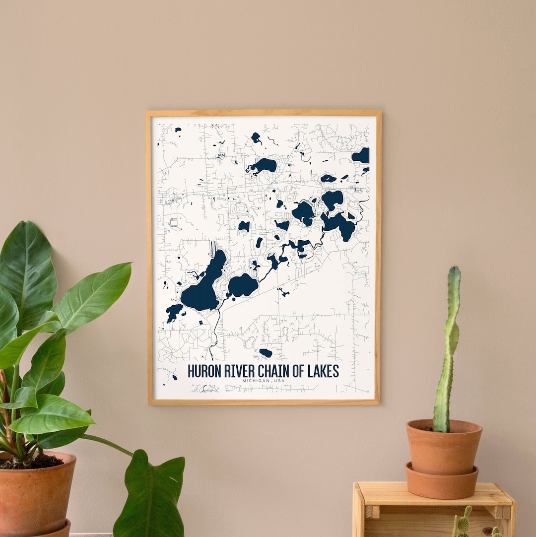 Huron River Chain of Lakes Printable Map Art, Huron Chain of Lakes Map ...