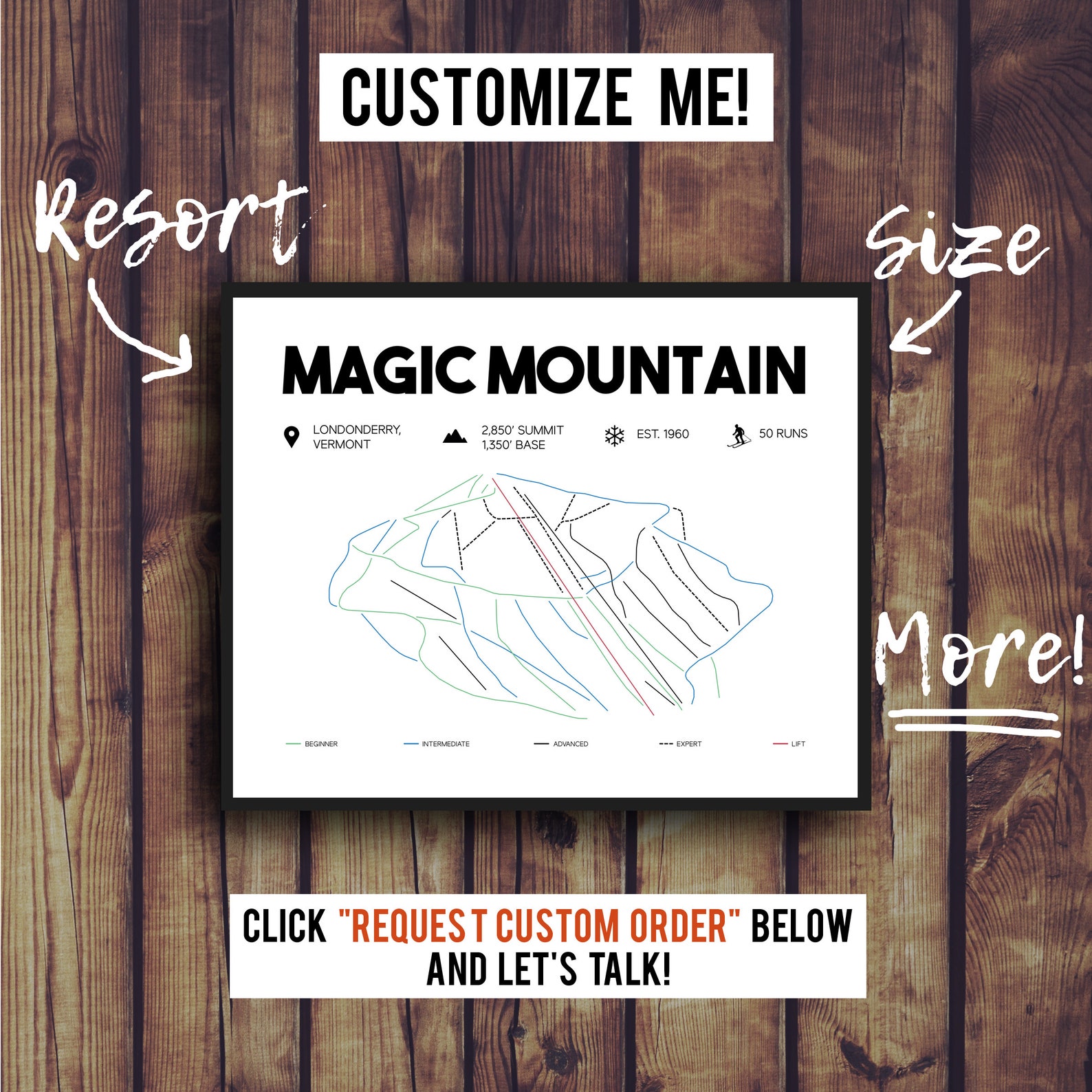 Magic Mountain Vermont Printable Ski Map 16"x"20", Londonderry, Vermont ...