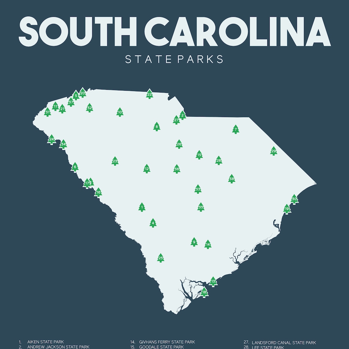 South Carolina State Parks Map printable 16x20 | Etsy