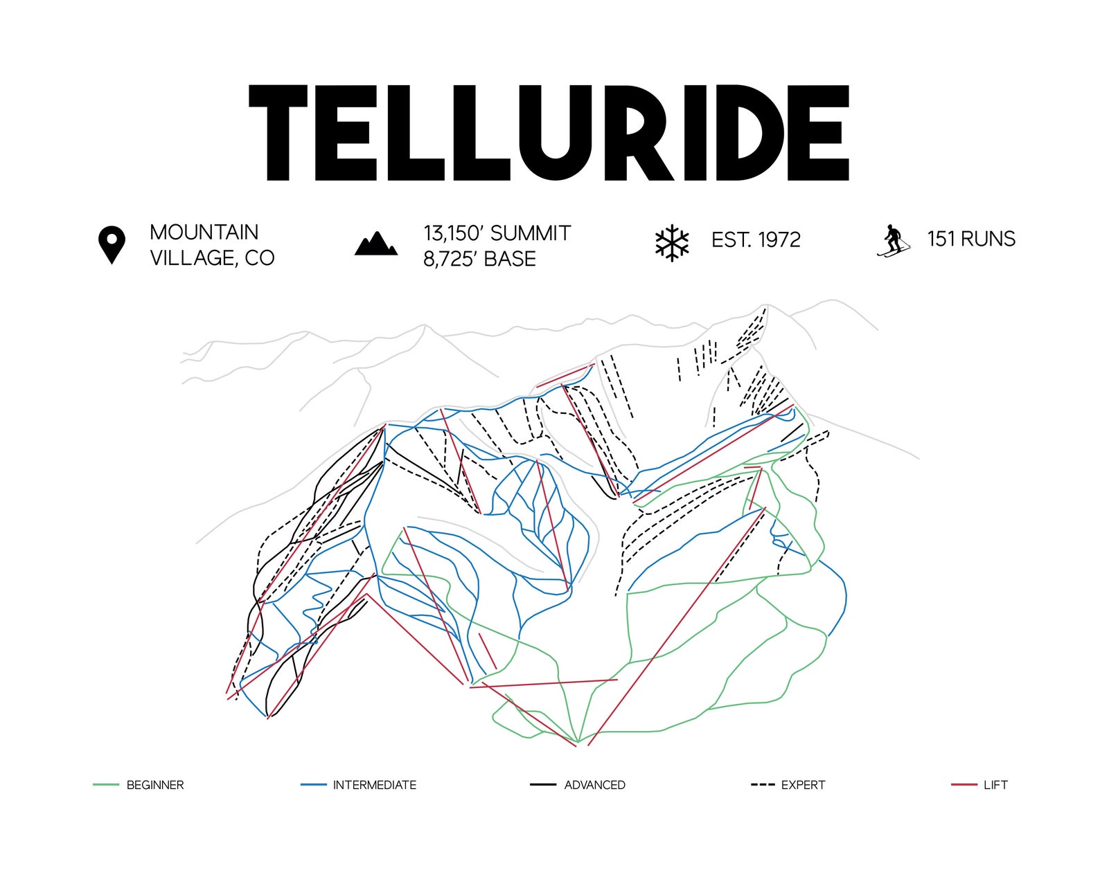 Telluride Printable Ski Map 16"x"20", Telluride, Colorado Map, Skiing ...