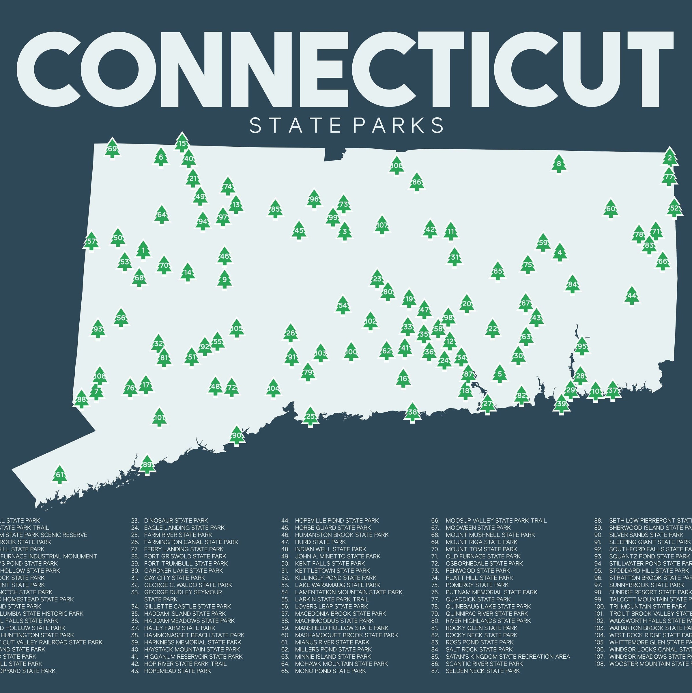 Connecticut State Parks Map Printable 16x20 Gift - Etsy