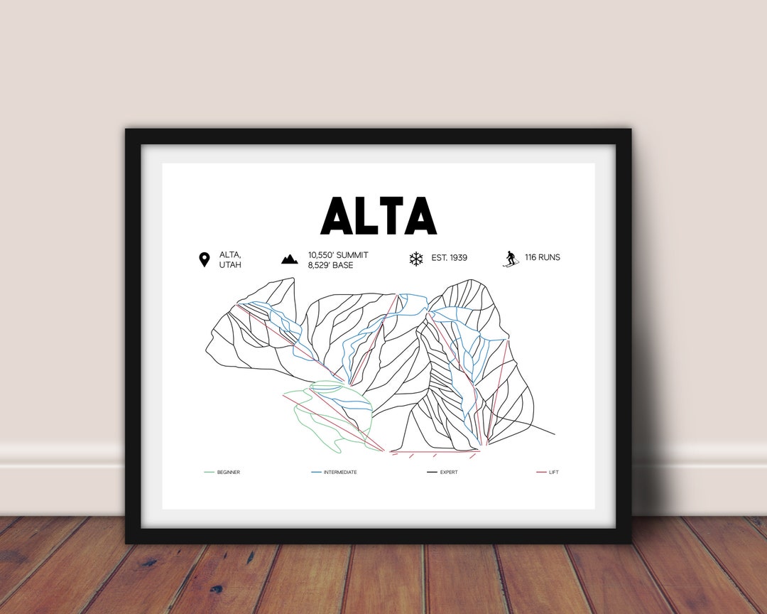 Alta Ski Area Trail Map 16x20, Alta, Utah Map, Skiing Wall Art ...