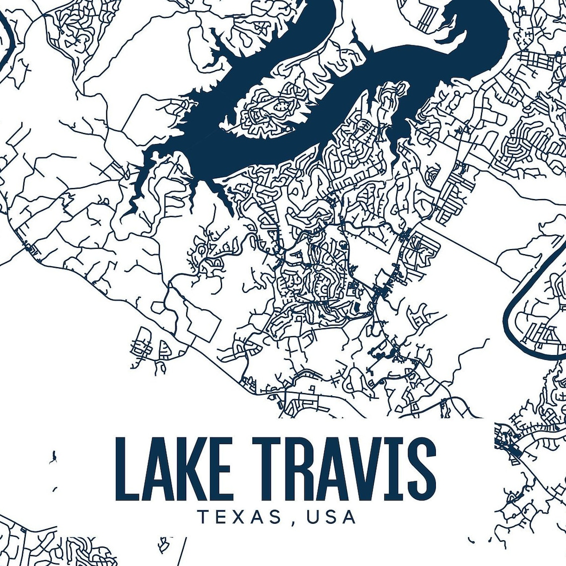 Lake Travis Texas Printable Map Lake Travis Wall Art Lake - Etsy