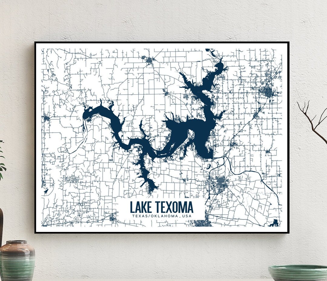 Lake Texoma Texas Printable Map, Lake Texoma Wall Art, Lake Map Art ...