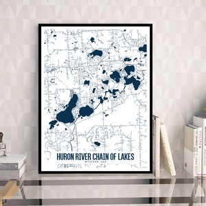 Huron River Chain of Lakes Printable Map Art, Huron Chain of Lakes Map ...