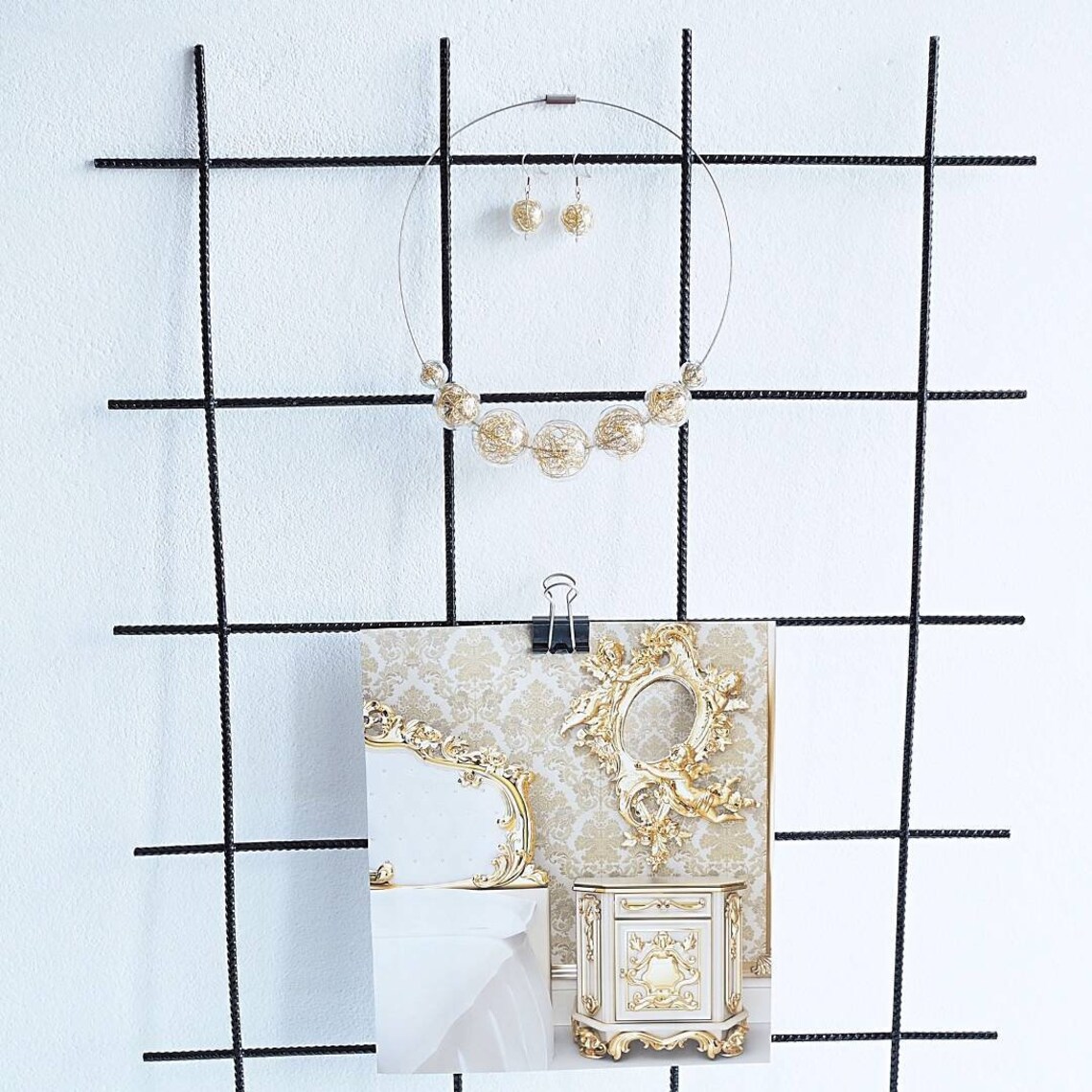 Black Wire Wall Grid + Shelf, FREE CLIPS, Wire Mesh Memo Board ...