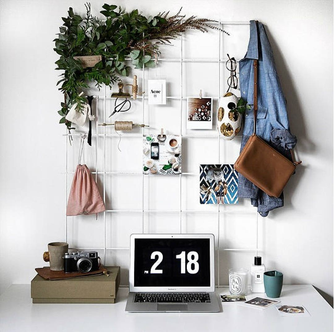 Large White Wire Wall Grid + Shelf, FREE Clips, Mesh Memo Board, Notice ...